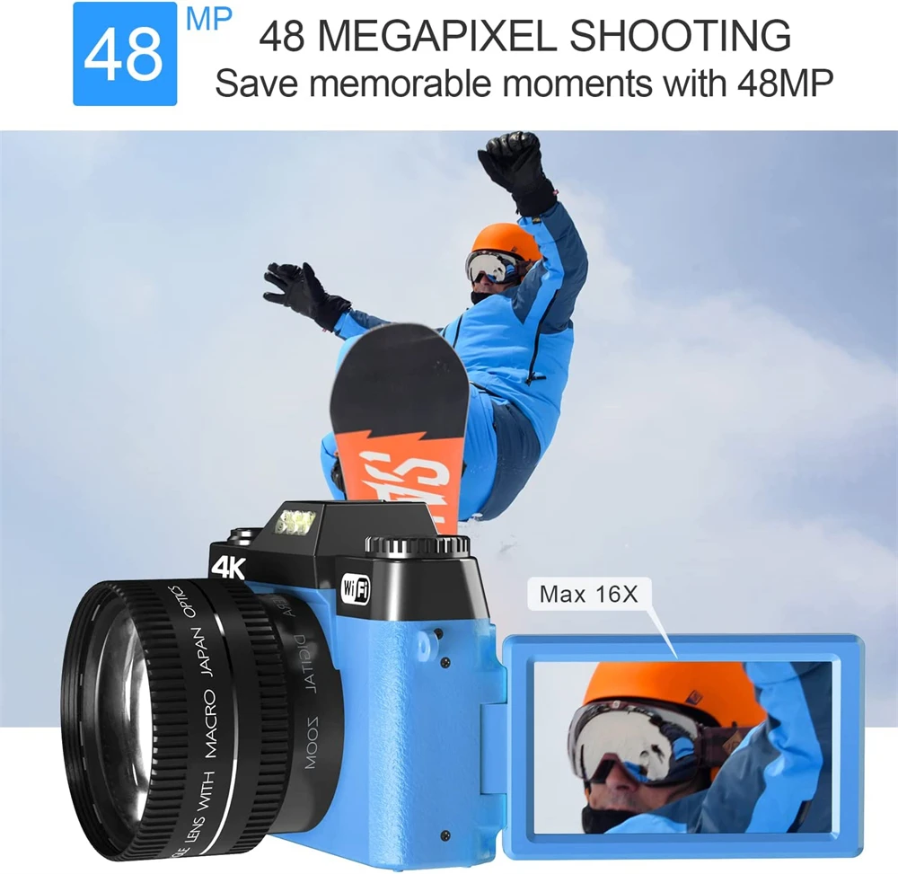 Macro Lens 4K Digital Camera Flip Screen Selfie Camcorder 48MP Youtube ...