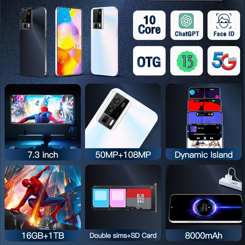 Global Version F5Pro 5G Smartphone 7.3 Inch 16GB RAM+1024GB ROM ...