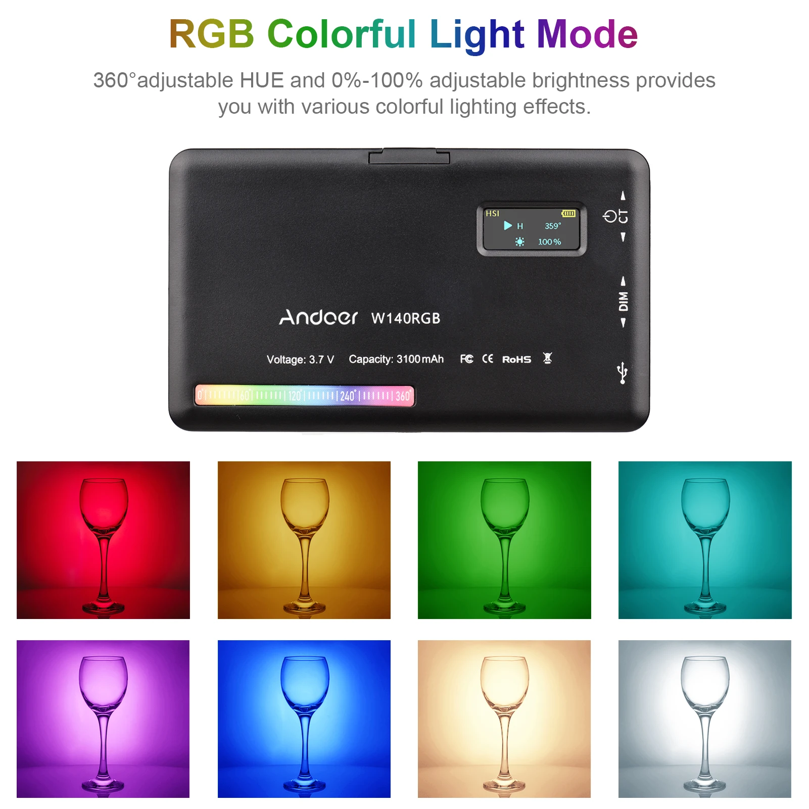 Andoer W140 RGB LED Video Light 2500-9000K Photography Fill Light CRI95 ...