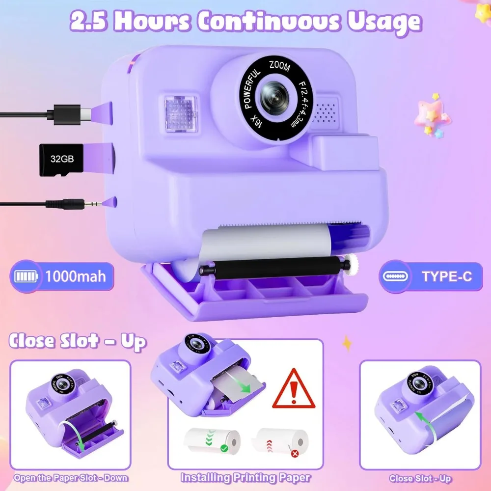Educational Thermal Instant Print Camera With 32G Card, 1080P Children ...