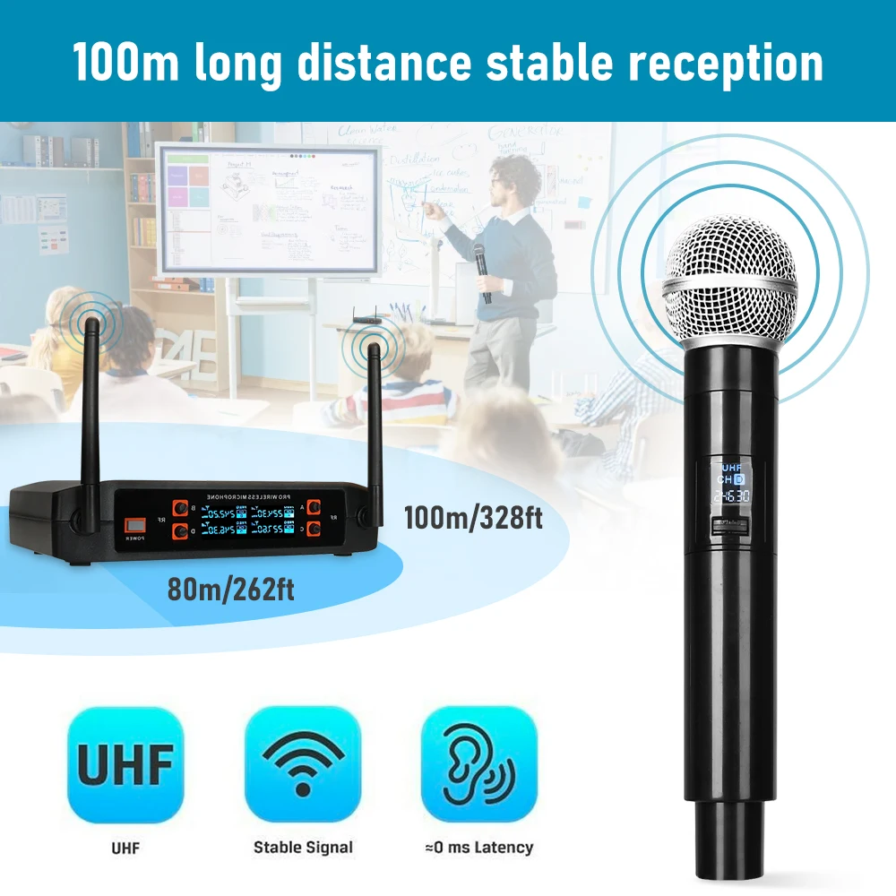 4 Channel UHF Wireless Microphone System 4 Hand-held Dynamic Mic with 4 ...